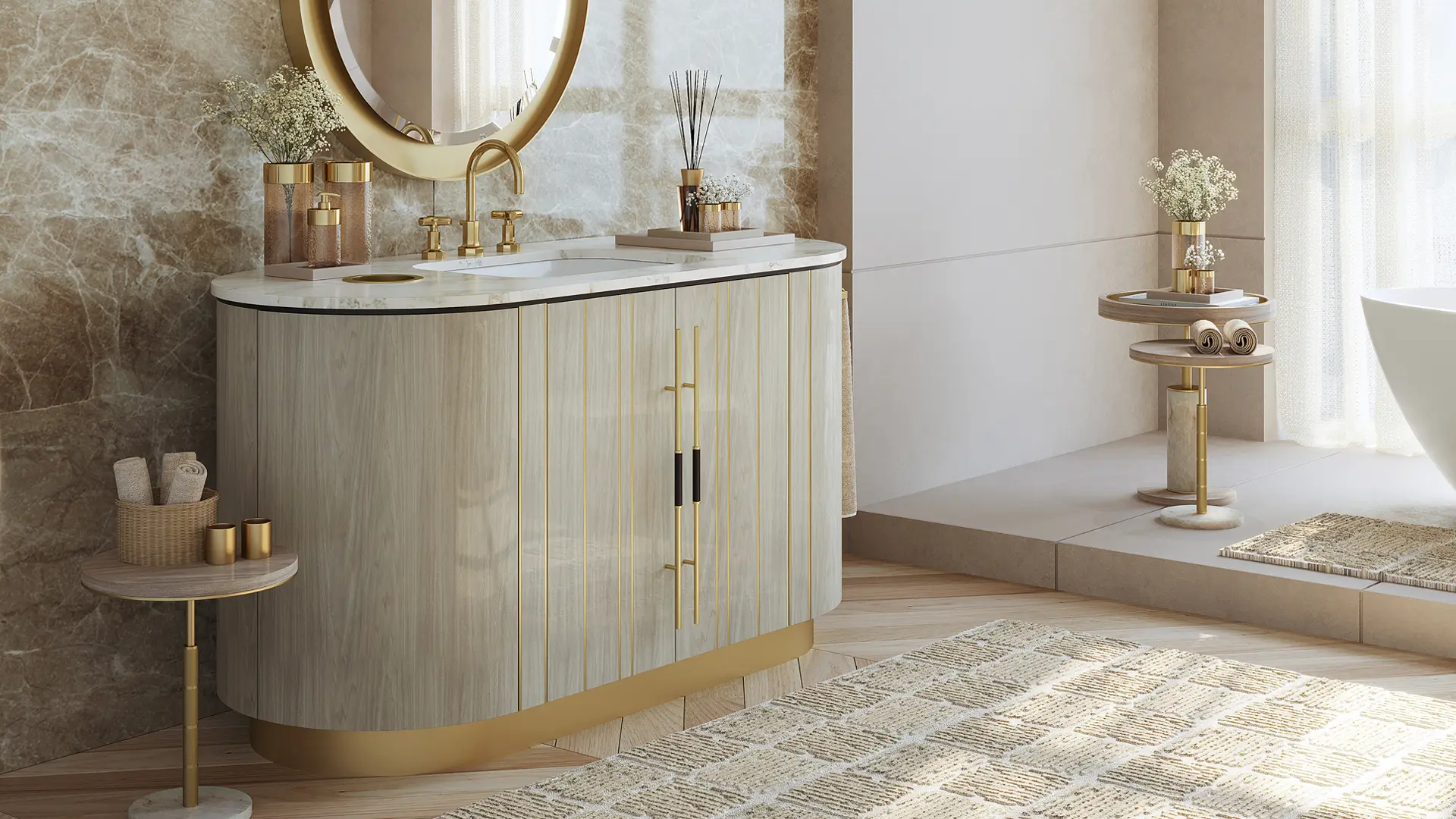 Salamanca Vanity Unit by Frato – Glossy Wood Veneer with Marble Top | Frato