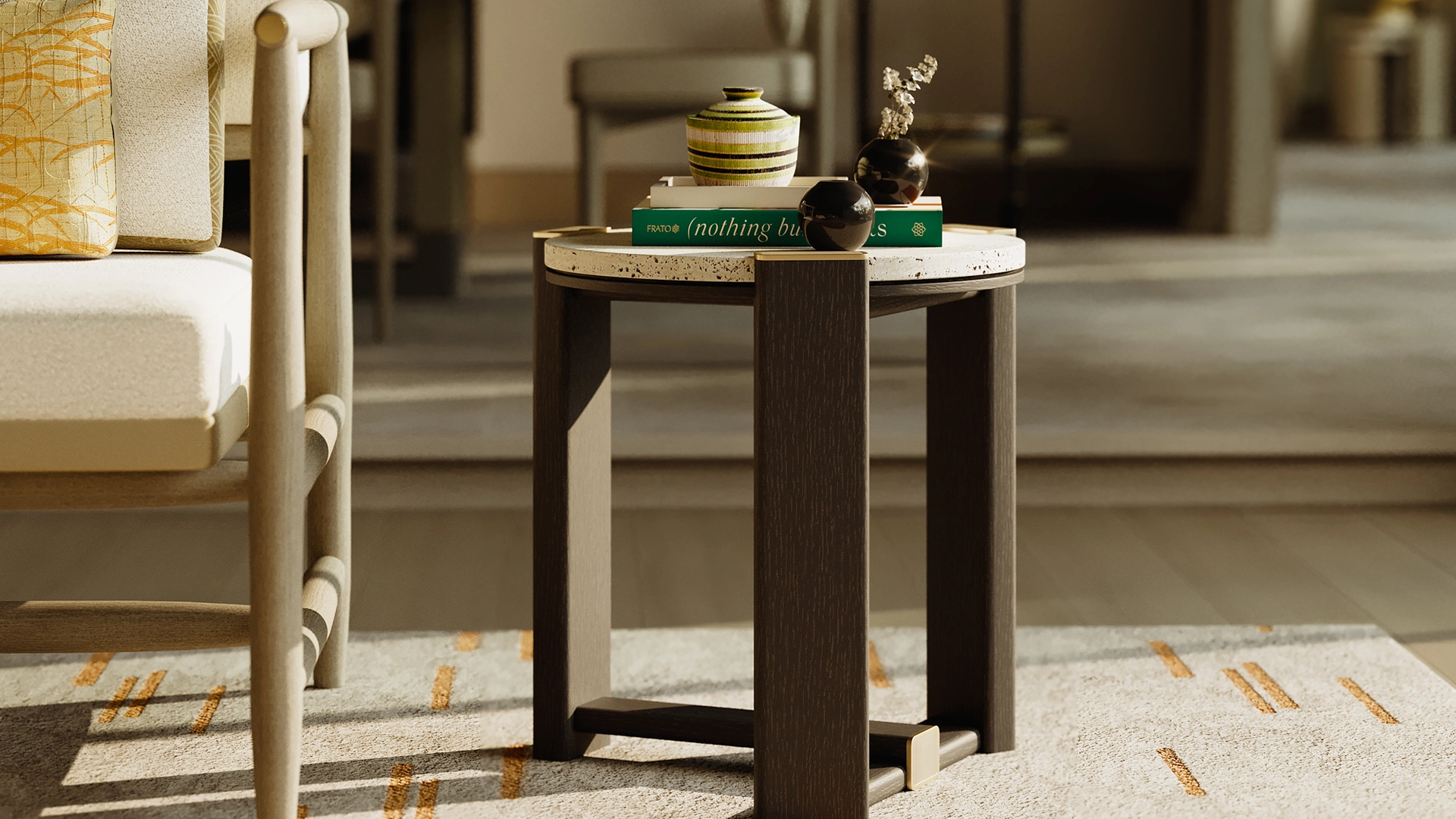Frato Cambria Side Table | Geometric Stone & Wood Accent Table | Frato