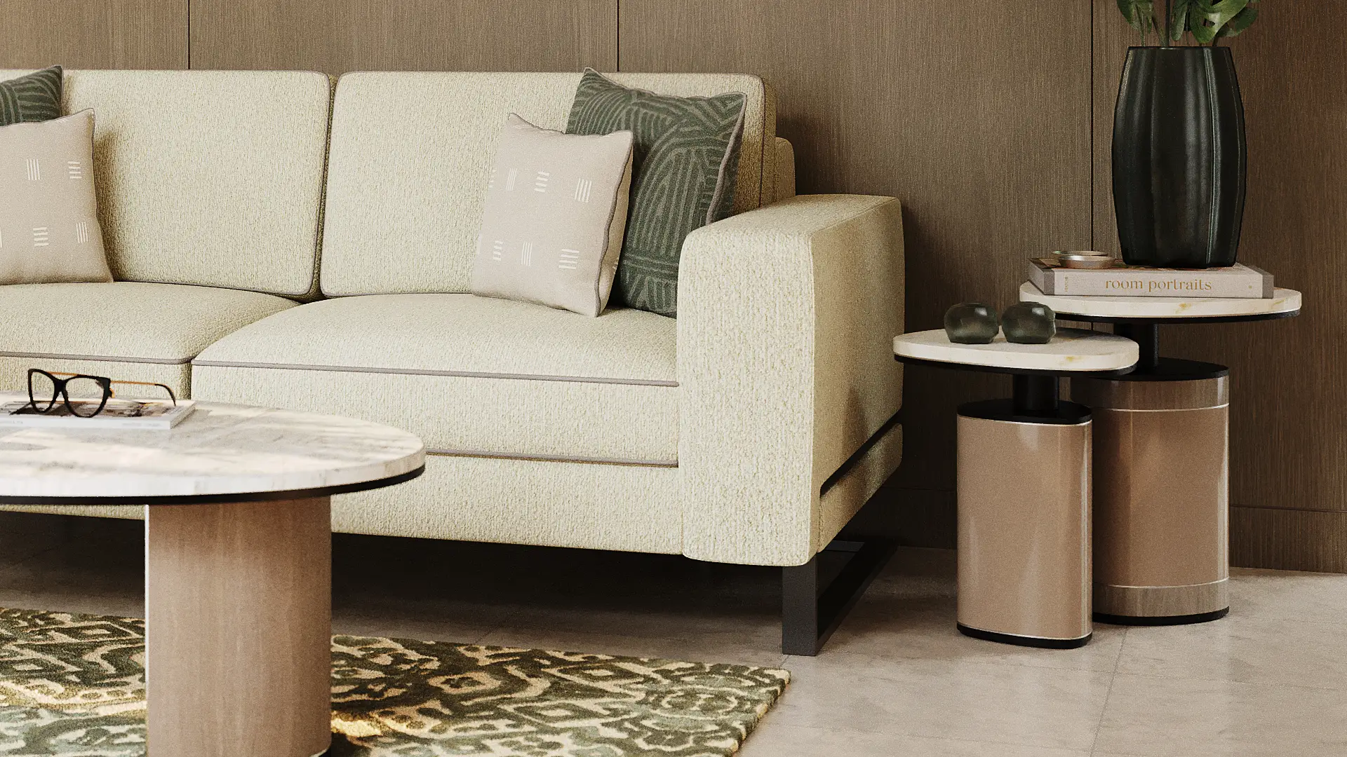 Frato Antwerp Side Table | Triangular Stone & Veneer Pedestal Table | Frato