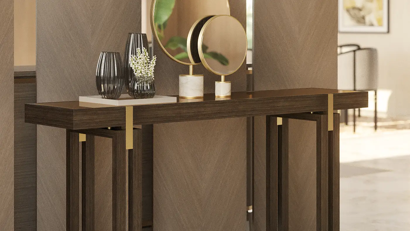 Frato Seoul Console – Wood Veneer, Stainless Steel, & Bronze Mirror | Frato