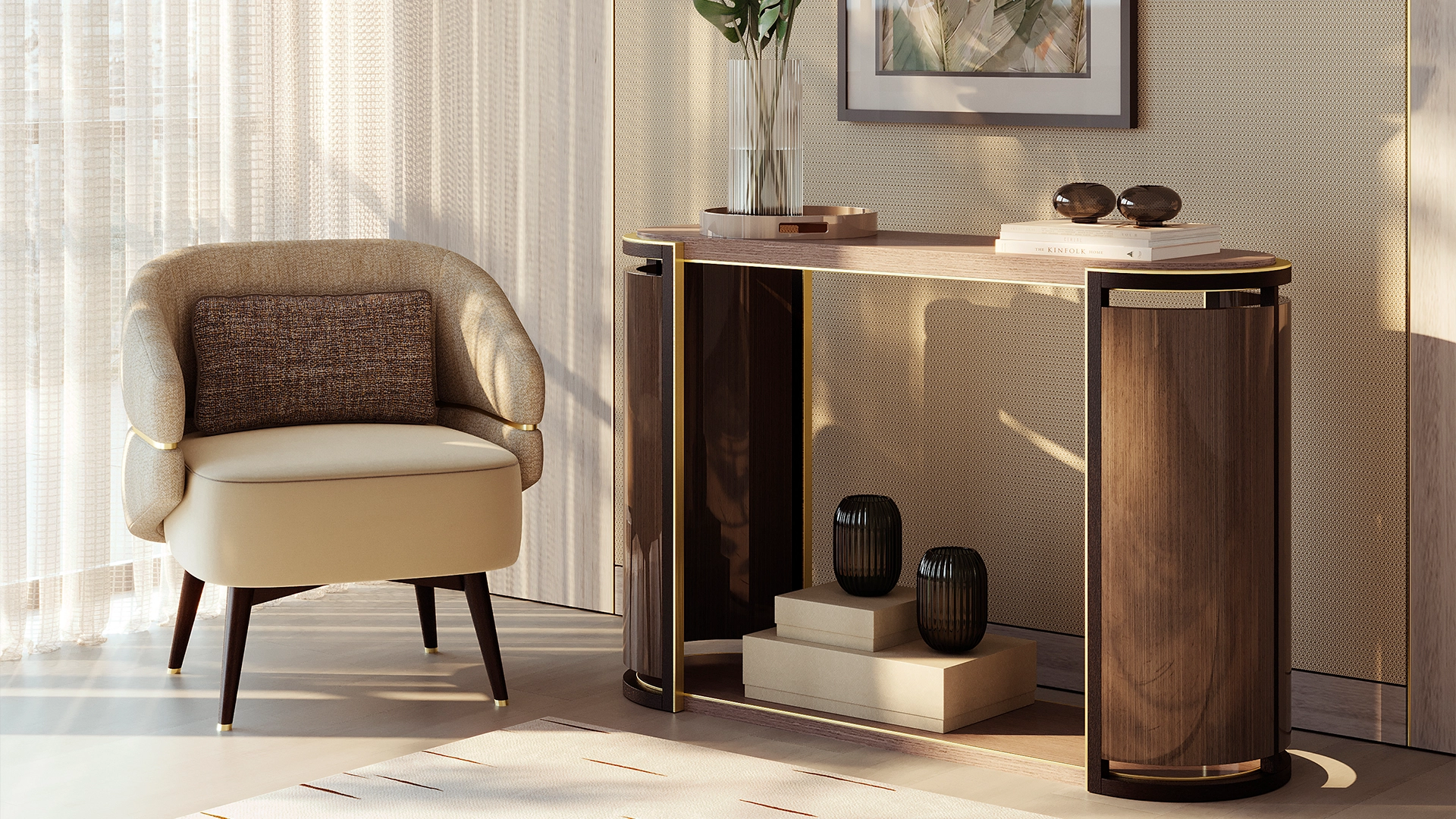 Frato Sonoma Console – Dark Wood Veneer with Polished Brass Base | Frato