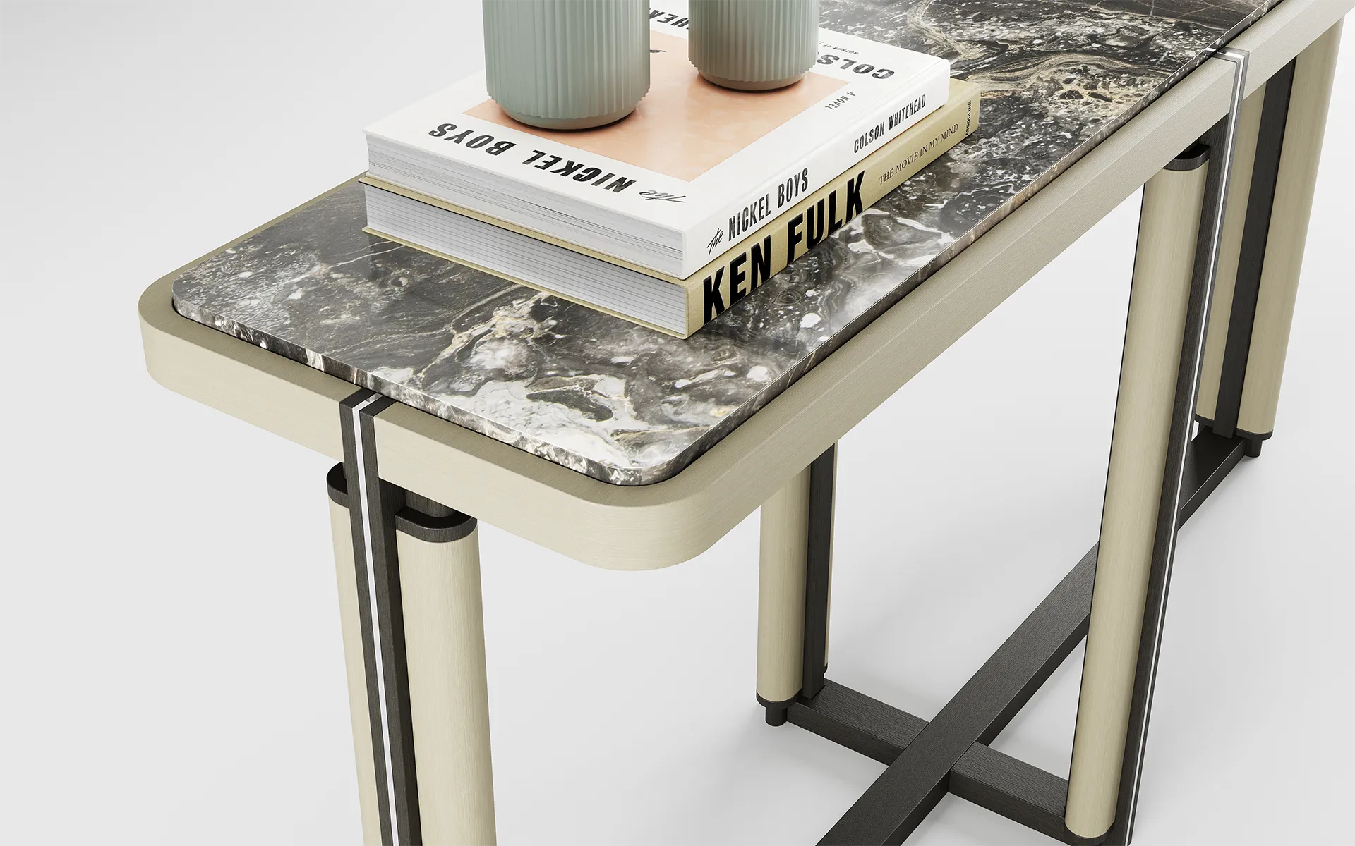 Frato Banff Console – Curved Wood Veneer with Brushed Brass Base | Frato