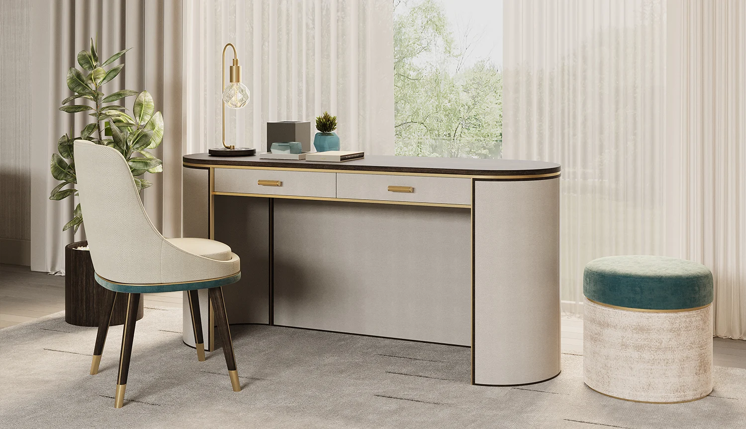 Frato Kent Desk – Modern Wood Veneer Desk with Brushed Brass Base | Frato